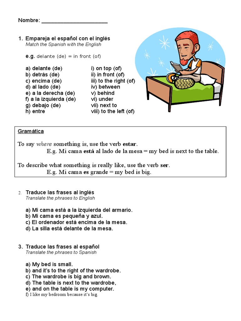 En Mi Dormitorio - Prepositions Worksheet - Table | PDF