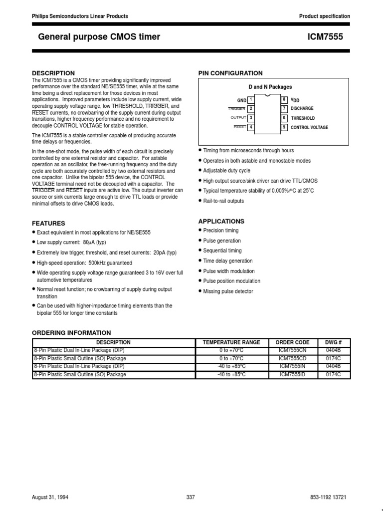 ICM7555 General Purpose CMOS Timer: Description Pin Configuration | PDF ...
