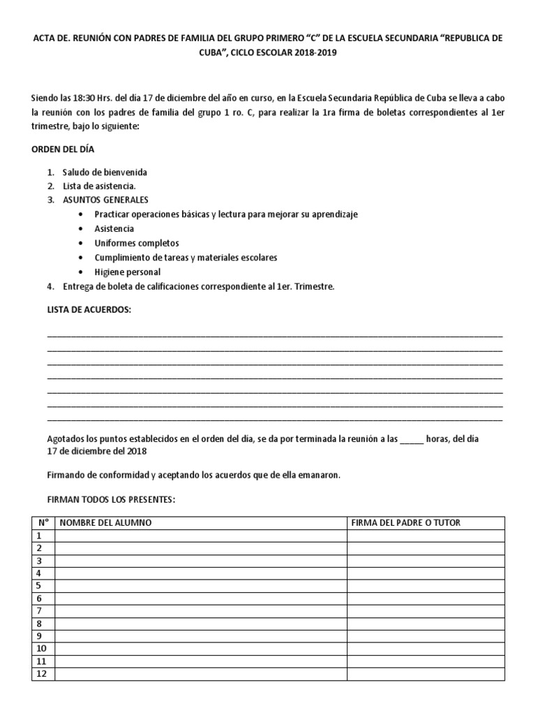 Acta de Reunion Con Padres de Familia | PDF | Educación Secundaria | Aprendizaje