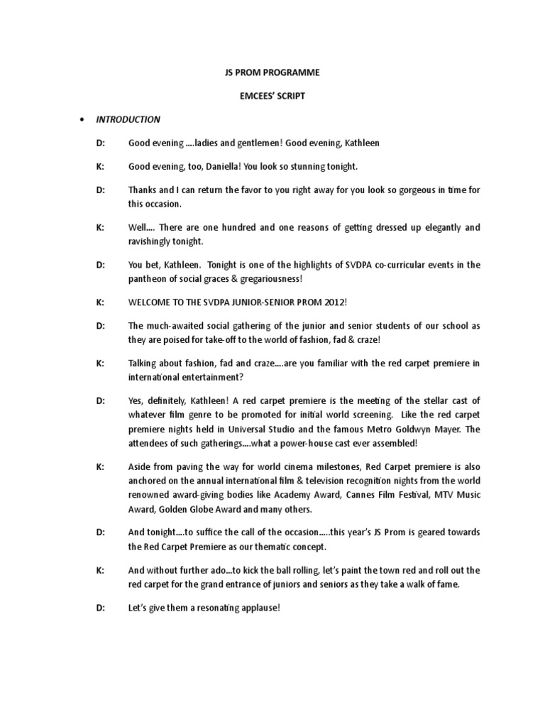 Js Prom Programme Emcees' Script | PDF | Prom | Leisure