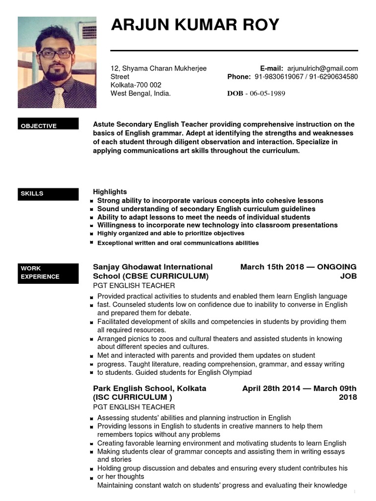 Arjun Kumar Roy Resume February Updated 2018 | PDF | Curriculum | Teachers
