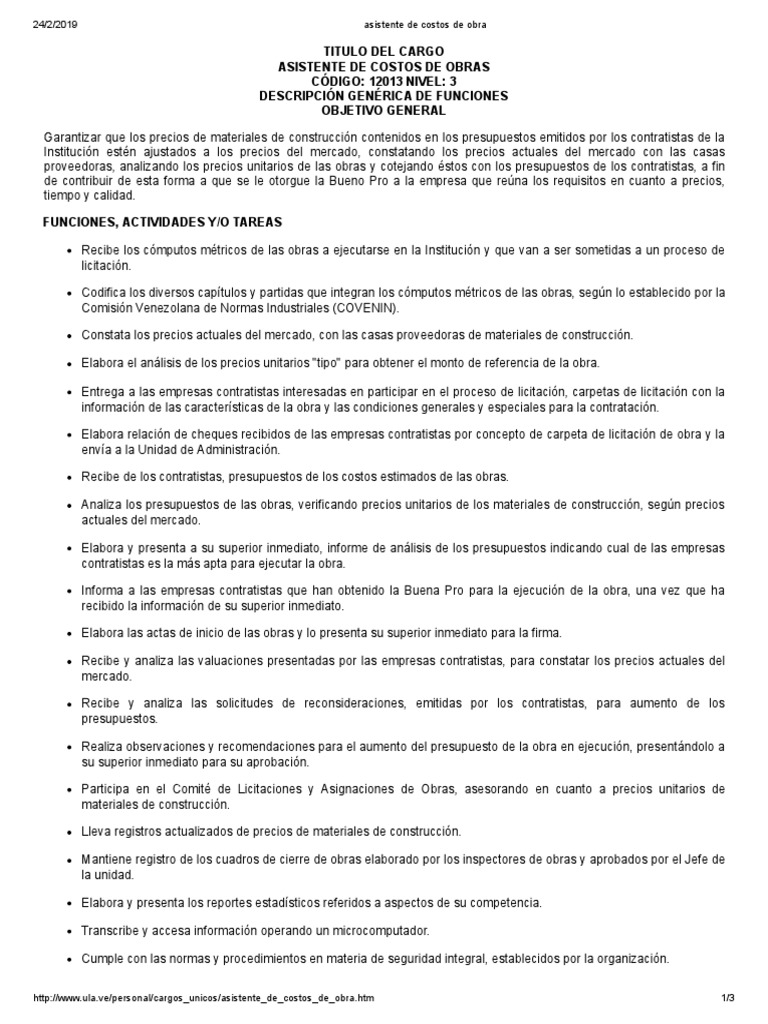 Descripcion de Cargo y Funciones Asistente de Costos de Obras | PDF ...
