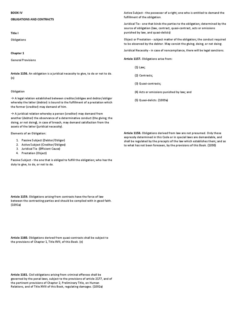 Book Iv Obligations And Contracts Pdf Law Of Obligations Jurisprudence
