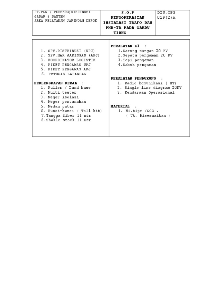 Sop - Pengoperasian Trafo Gardu Tiang | PDF | Sains & Matematika