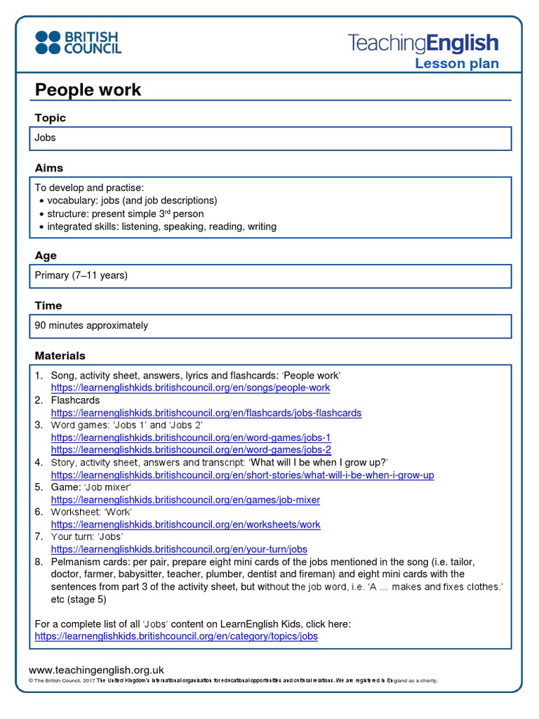 Teaching Kids Songs People Work | PDF | Reading Comprehension | Lesson Plan