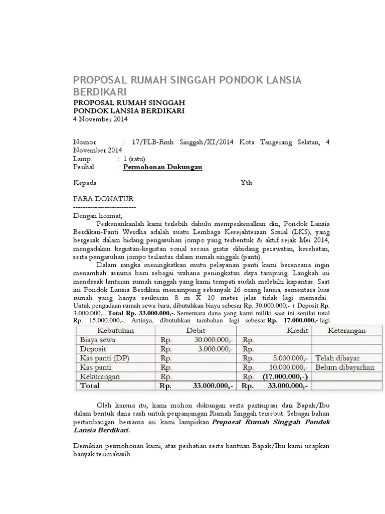 Proposal Rumah Singgah Pondok Lansia Berdikari | PDF