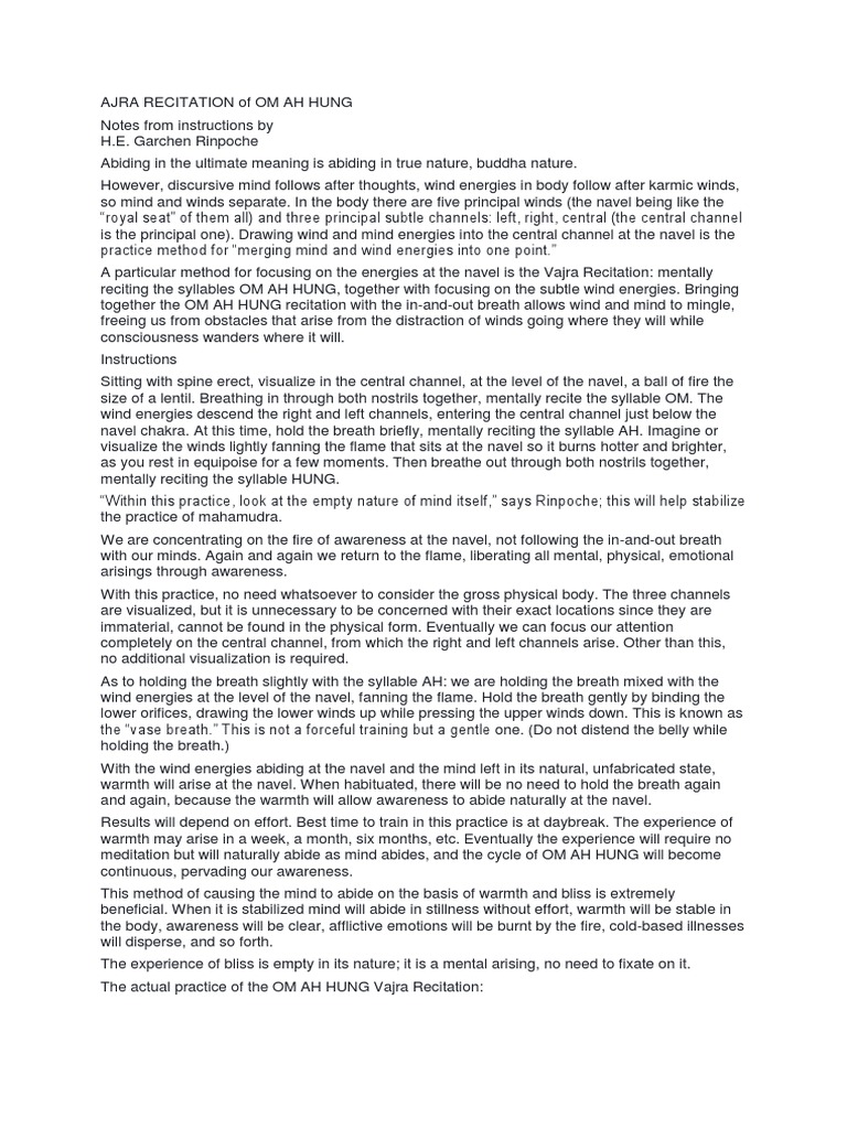 Ajra Recitation of Om Ah Hung | PDF | Meditation | Mind