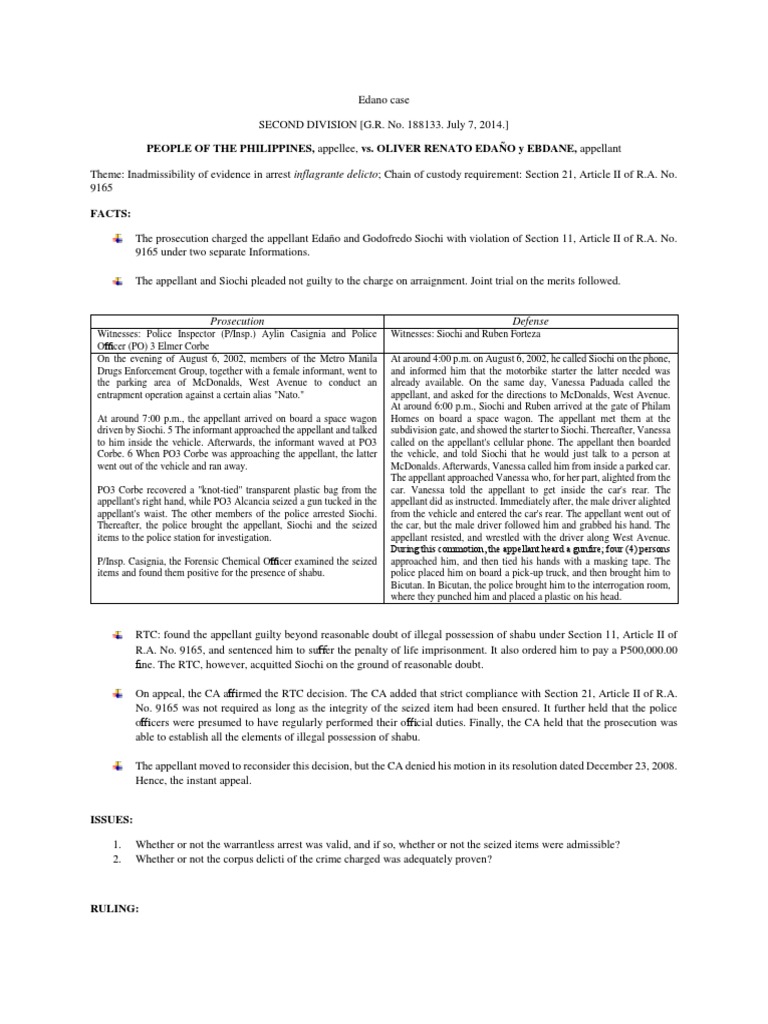 Edano Case: Evidence Admissibility Issues | PDF | Arrest | Search Warrant