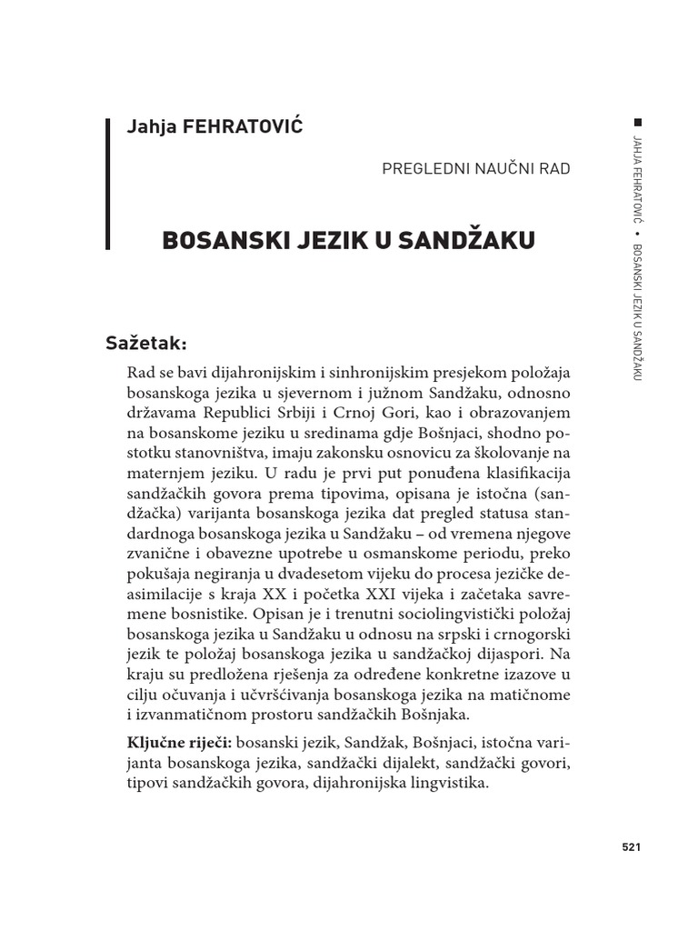 Jahja Fehratović - Bosanski Jezik U Sandžaku - Simpozij o Bosanskom Jeziku Sarajevo 2016 PDF | PDF