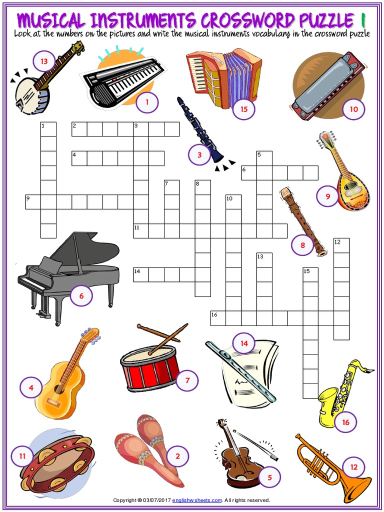 Musical Instruments Vocabulary Esl Crossword Puzzle Worksheets For Kids ...