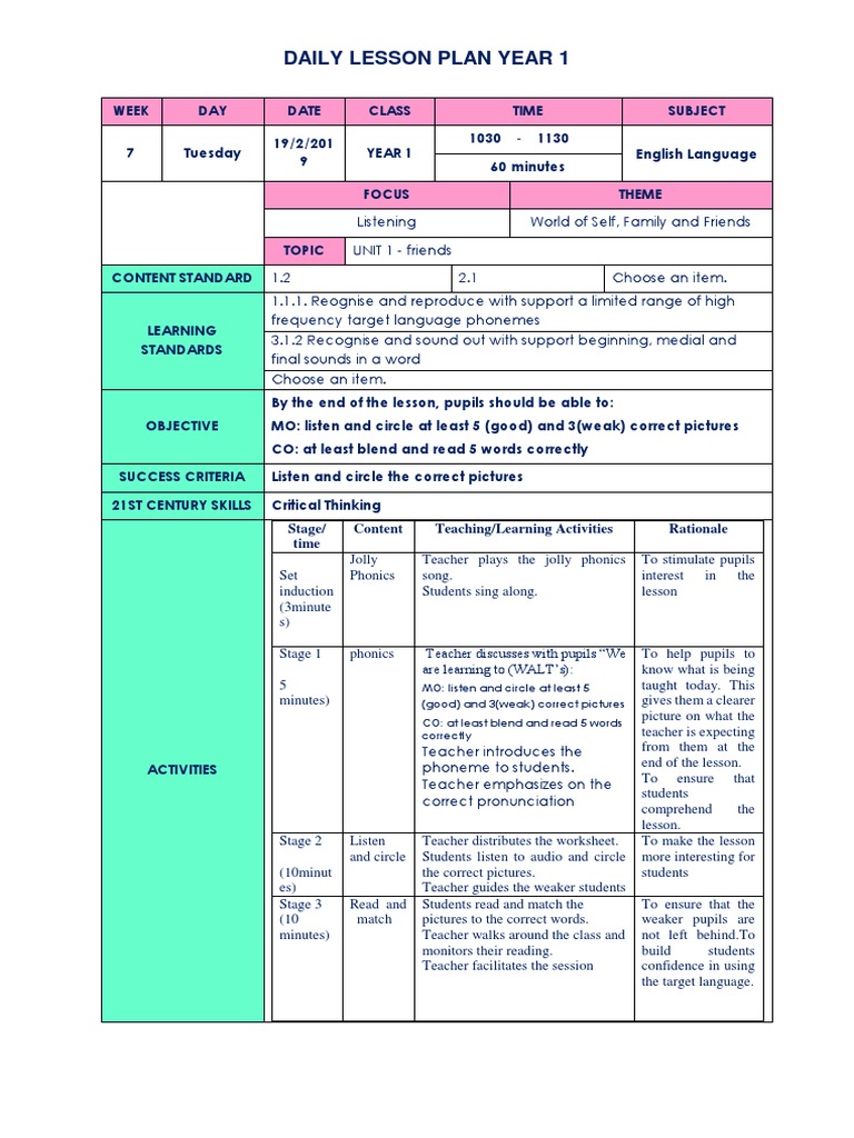 Daily Lesson Plan Year 1 | PDF | Phonics | Lesson Plan