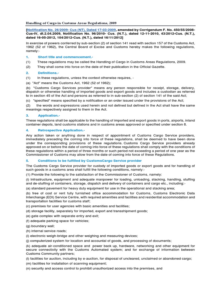 Handling of Cargo in Customs Areas Regulations | PDF | Customs | Cargo