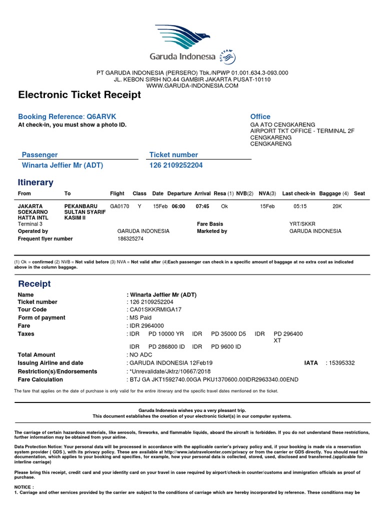 Garuda Indonesia E-Ticket Details | PDF | Aviation | Business