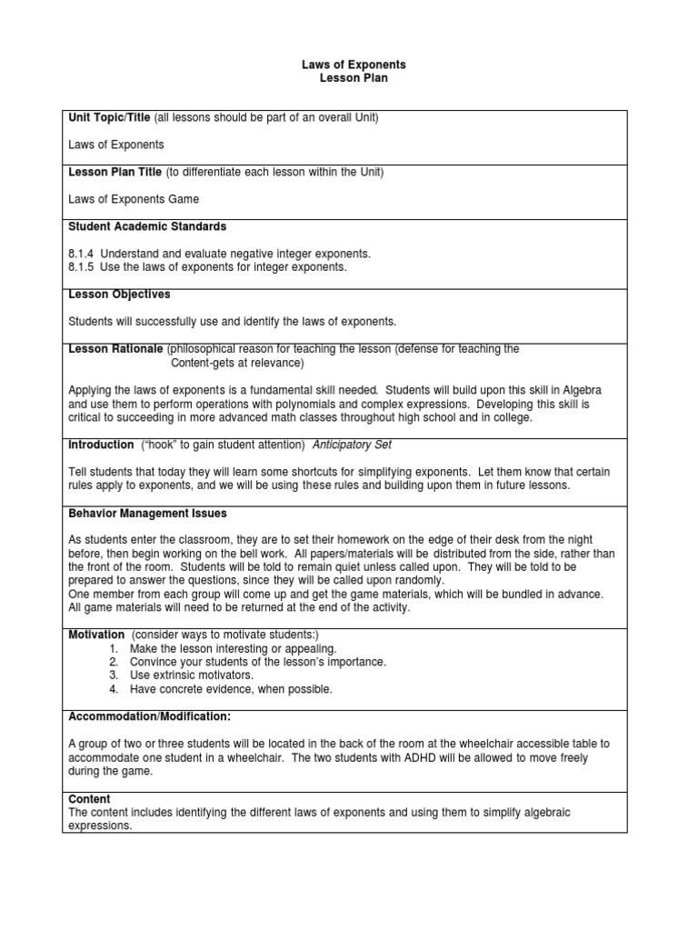 Lessonplan Lawsofexponents1 PDF | PDF | Exponentiation | Question