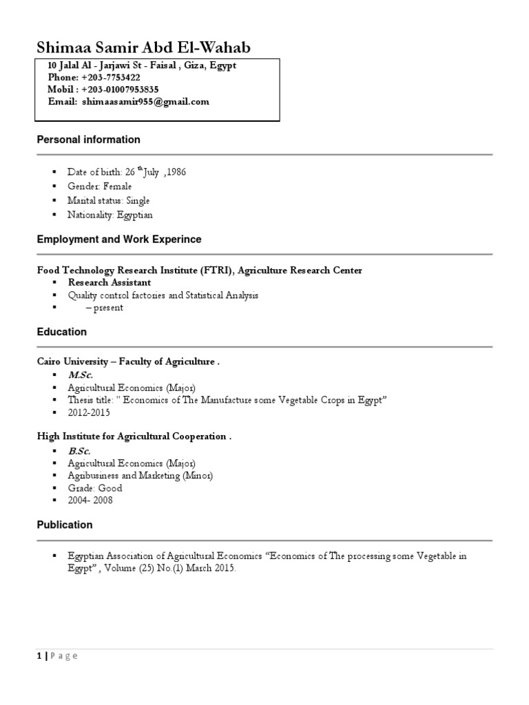 Resume and Career Profile of Shimaa Samir Abd El-Wahab: A Research ...