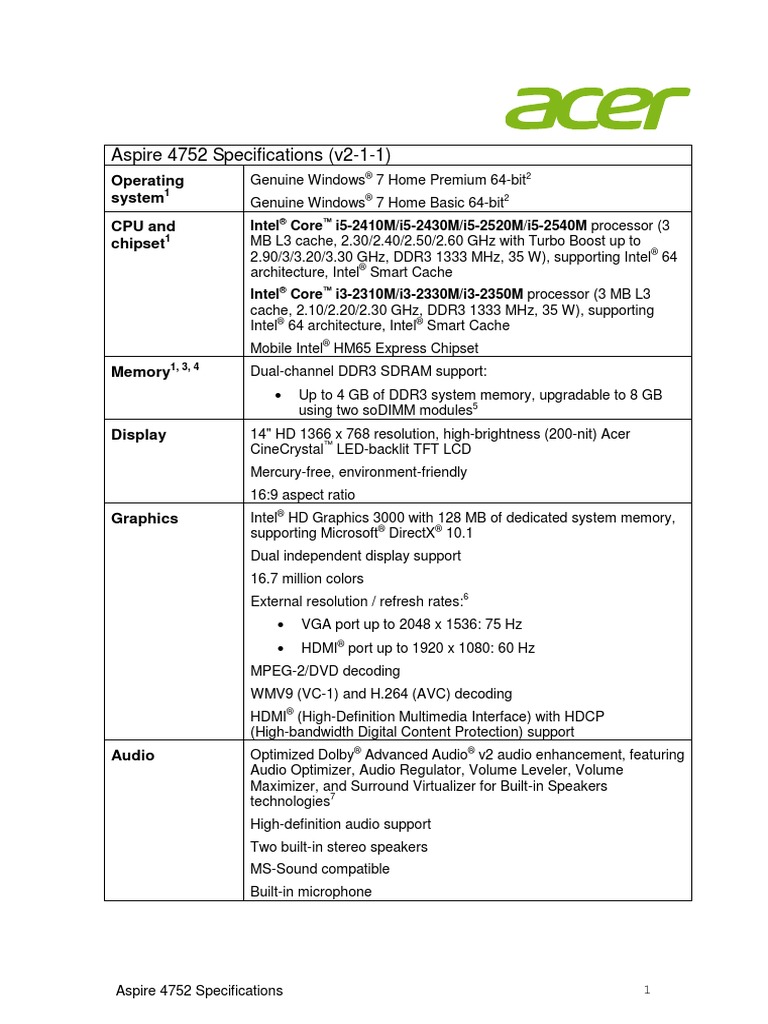 Acer Aspire 4752 Specifications | PDF | Blu Ray | Dvd