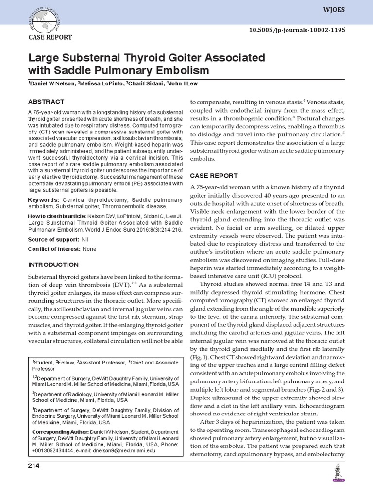 Large Substernal Thyroid Goiter Associated With Saddle Pulmonary ...