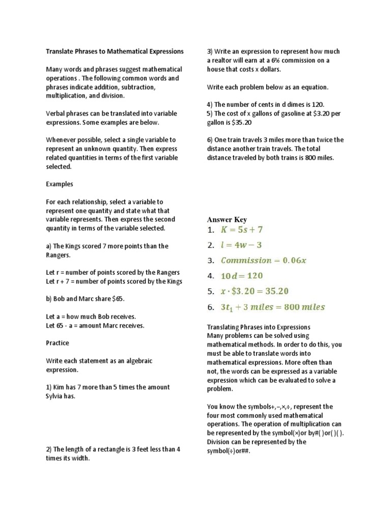 Translate Phrases To Mathematical Expressions: Answer Key | PDF ...