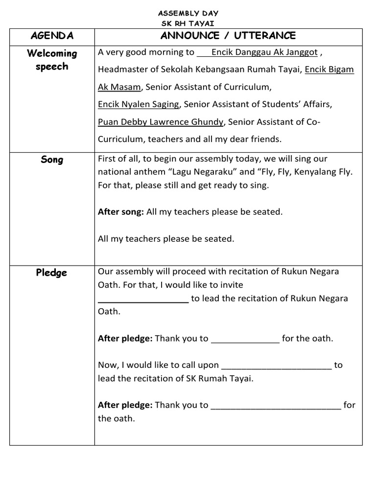 SK Rumah Tayai Assembly Agenda | PDF