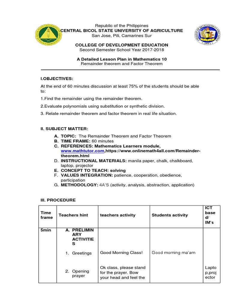 Lesson Plan Educ 11 | PDF | Polynomial | Lesson Plan