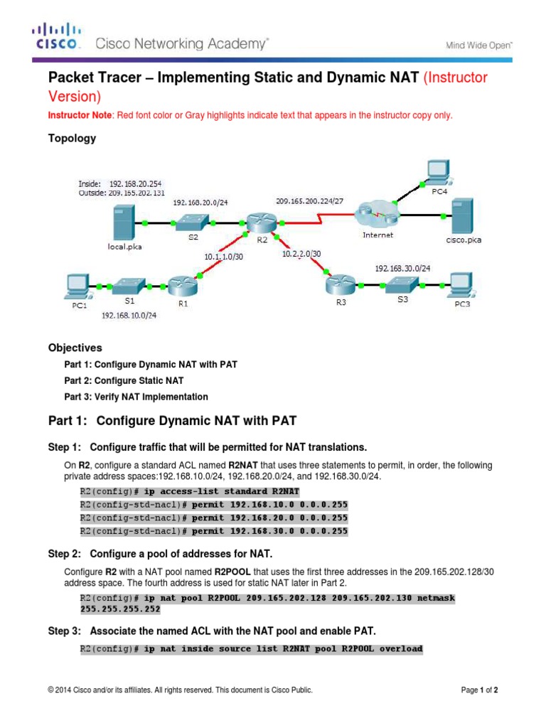 5.2.3.6 Packet Tracer - Implementing Static and Dynamic NAT ...
