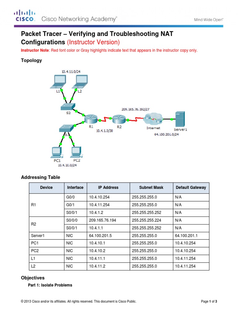 5.3.1.4 Packet Tracer - Verifying and Troubleshooting NAT Configurations Instructions IG PDF ...