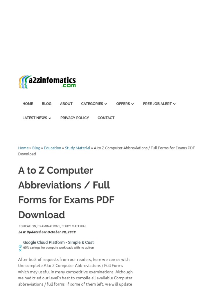A To Z Computer Abbreviations - Full Forms For Exams PDF Download | PDF ...