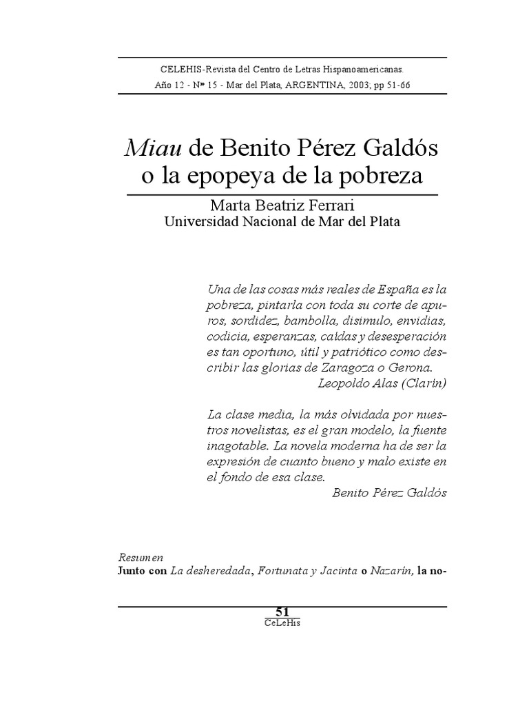 Miau de Benito Pérez Galdós o La Epopeya de La Pobreza | PDF | Novelas | Narración