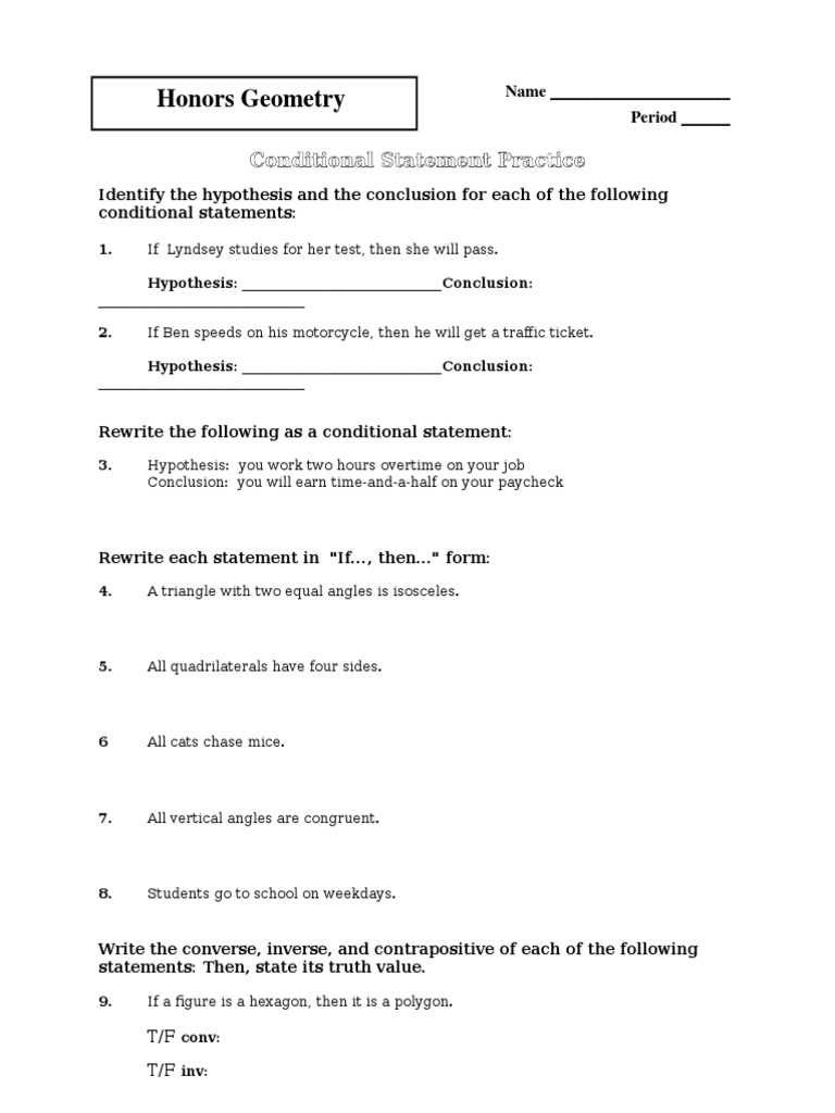 Conditional Statements Practice: Identifying Hypotheses, Conclusions ...