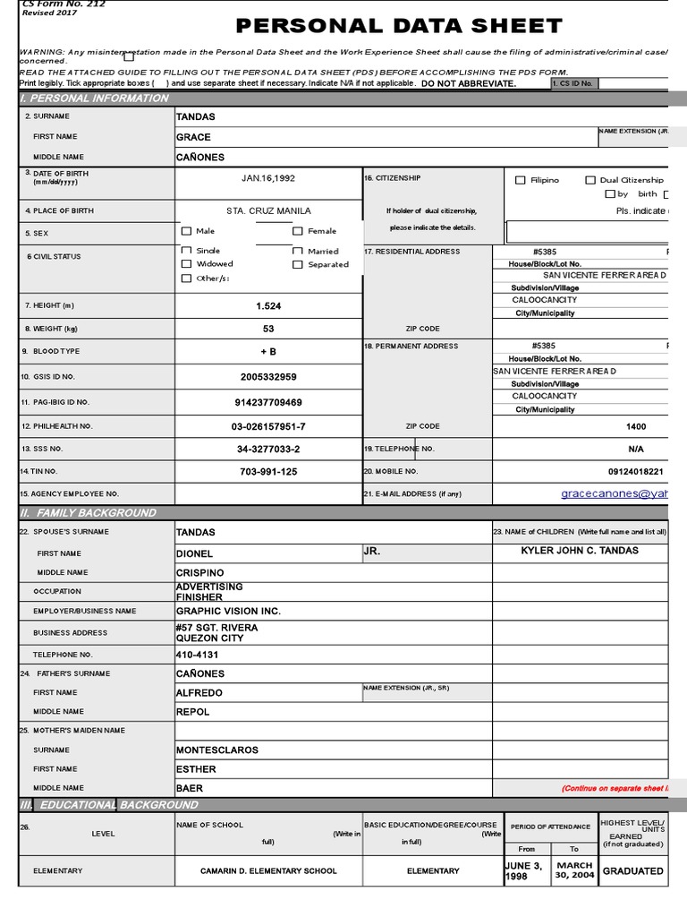 Personal Data Sheet (PDS) Template | PDF | Passport | Crime & Violence
