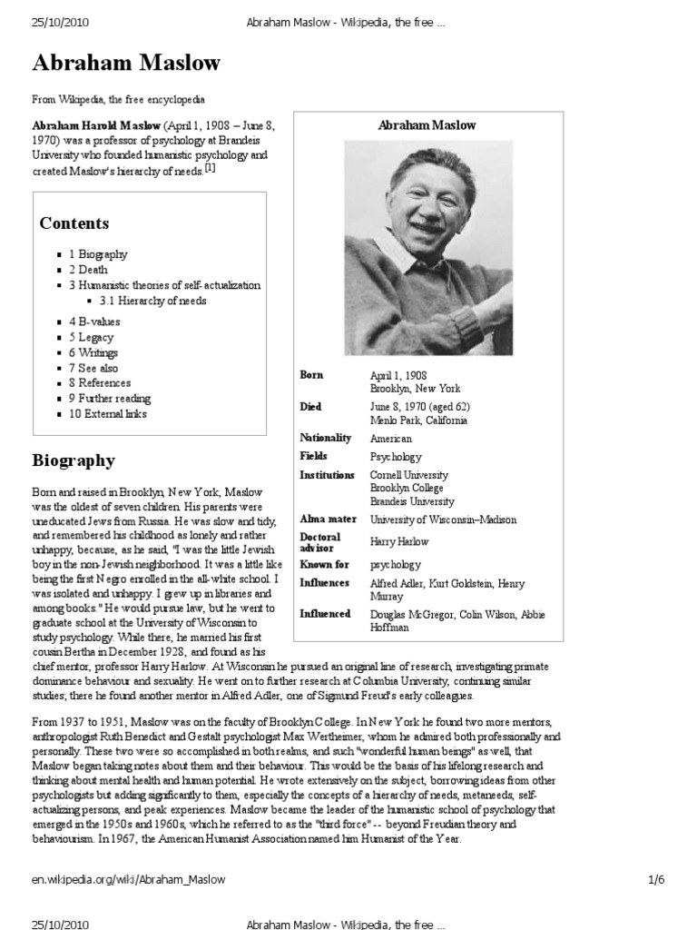 Abraham Maslow - Wikipedia, The Free Encyclopedia | Self Actualization ...