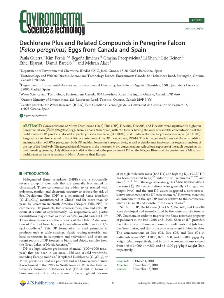 Dechlorane Plus and Related Compounds in Peregrine Falcon (Falco ...