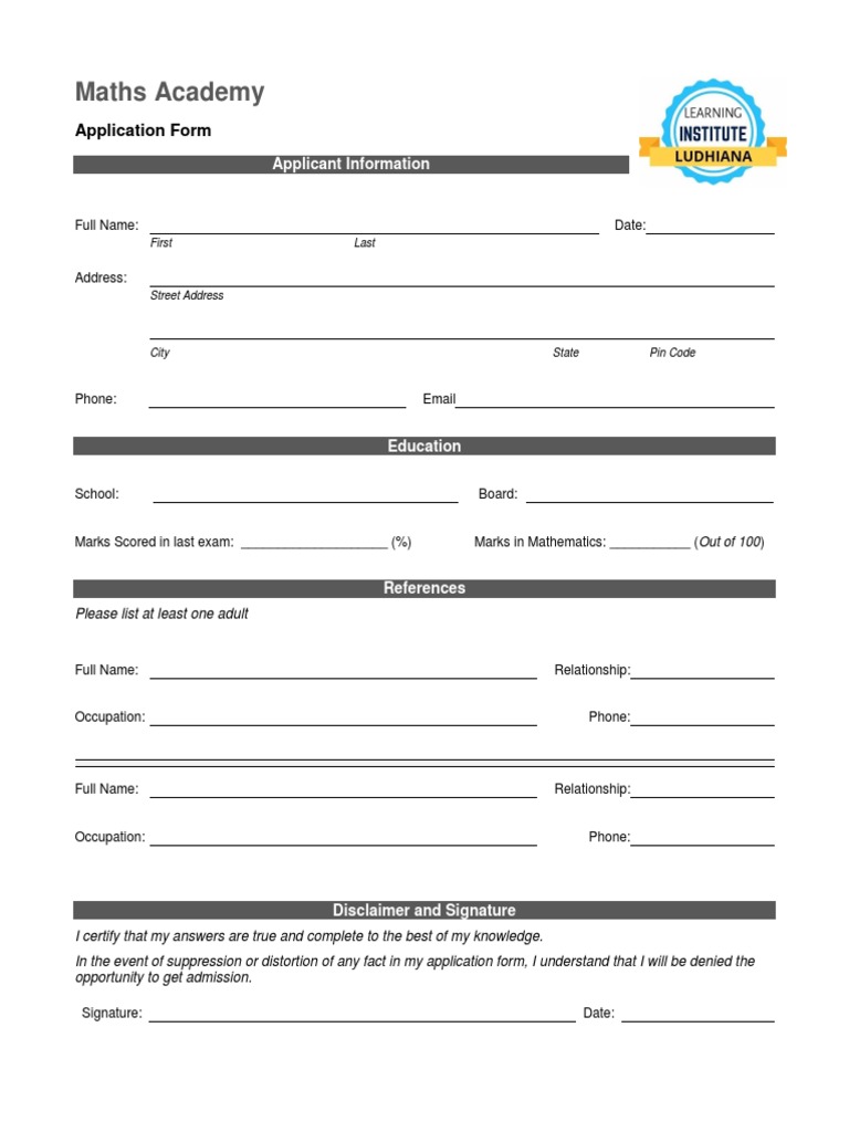 Maths Academy: Application Form | PDF