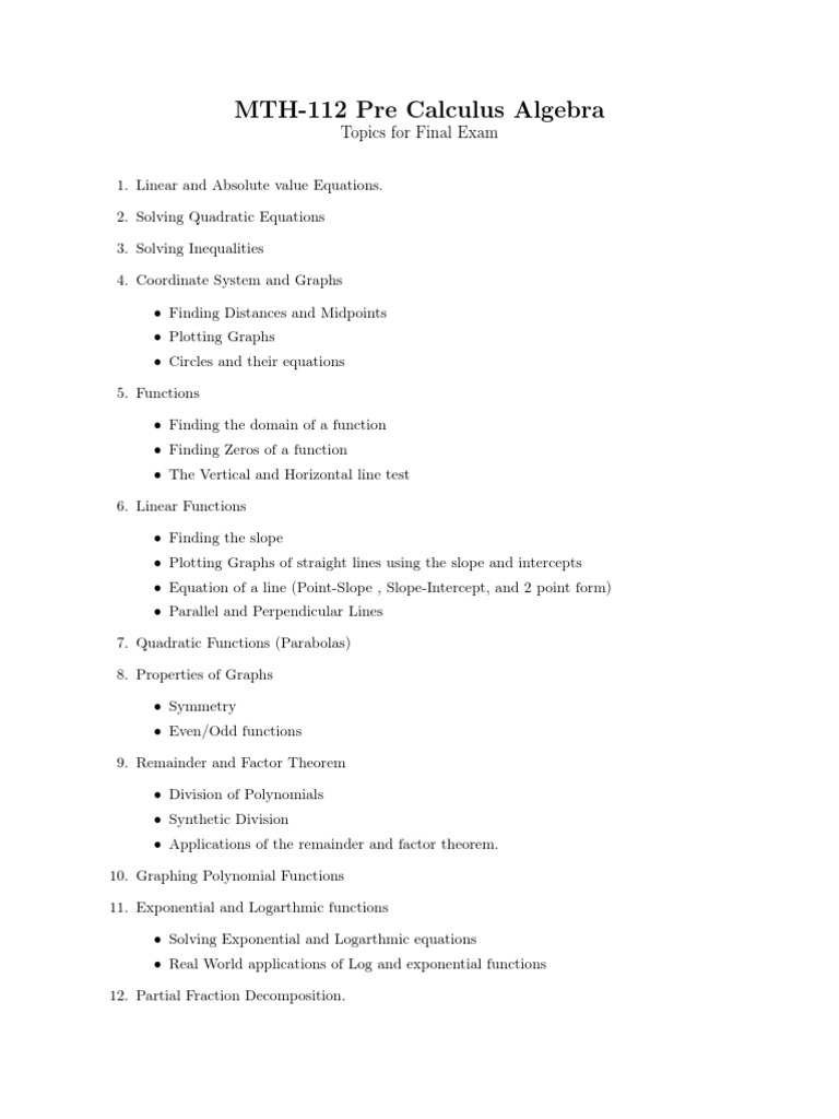 MTH-112 Pre Calculus Algebra: Topics For Final Exam | PDF