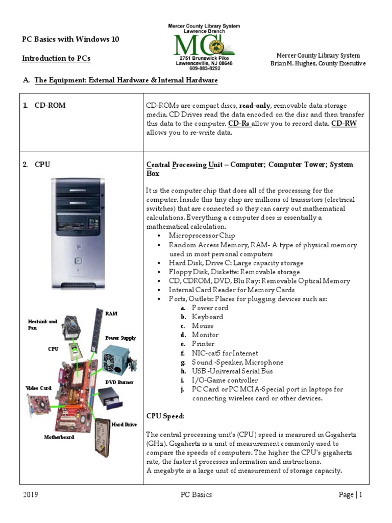 PC Basics With Windows 10 Introduction To PCS: A. The Equipment: External Hardware & Internal ...