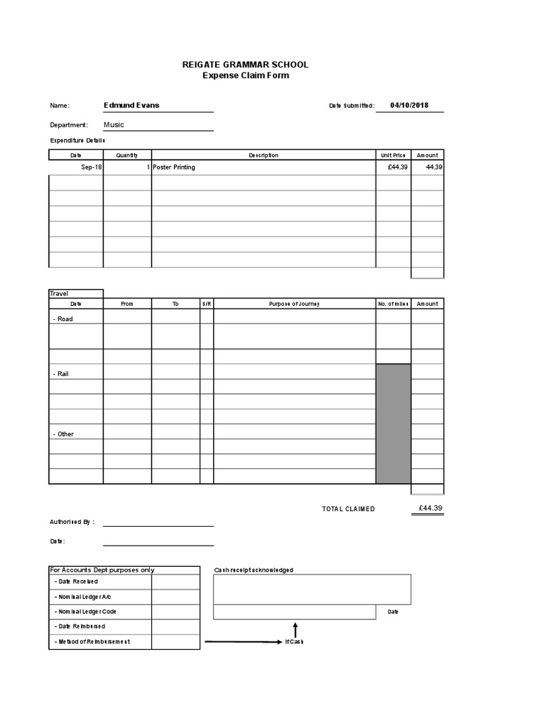 Reigate Grammar School Expense Claim Form: Edmund Evans 04/10/2018 ...