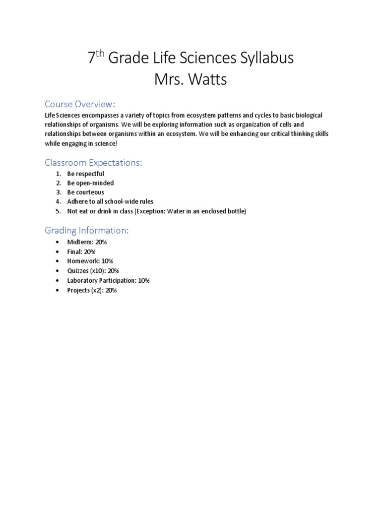 7th Grade Syllabus | PDF | Science | Behavior Modification