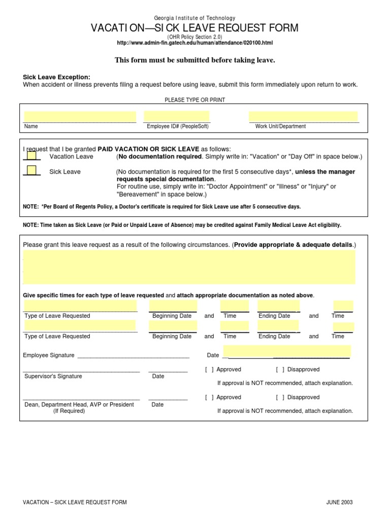 Vac-Sick Leave Request | PDF | Leave Of Absence | Sick Leave