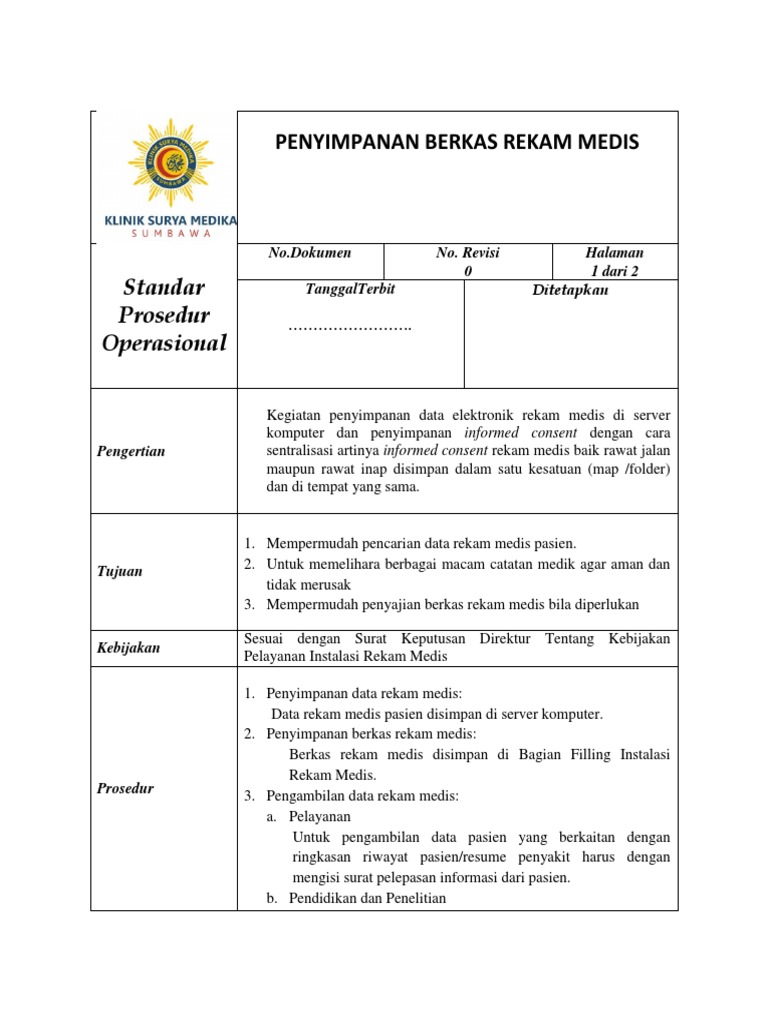 Sop Penyimpanan Berkas Rekam Medis | PDF