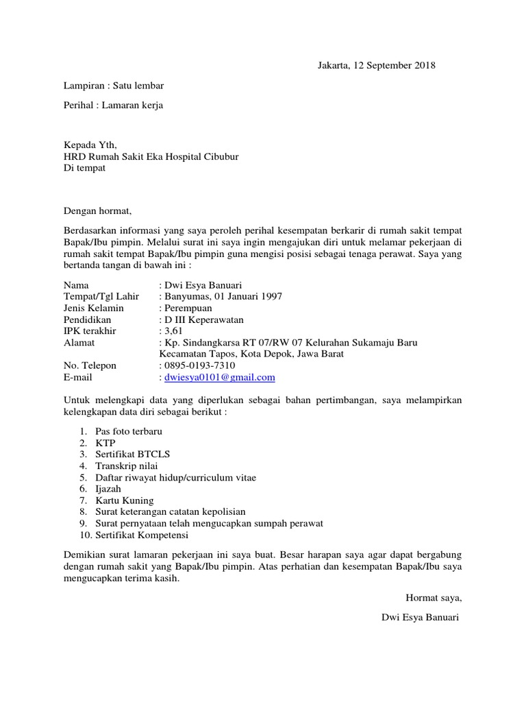 Surat Lamaran Kerja RS Eka Hospital | PDF