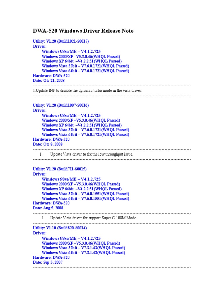 DWA 520 Release Note WW | PDF | Windows Vista | Microsoft Windows