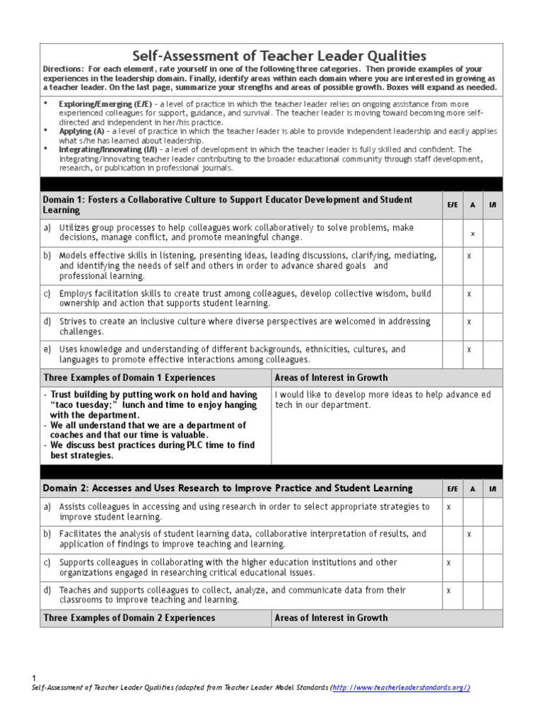 Self-Assessment of Teacher Leader Qualities | PDF | Leadership ...