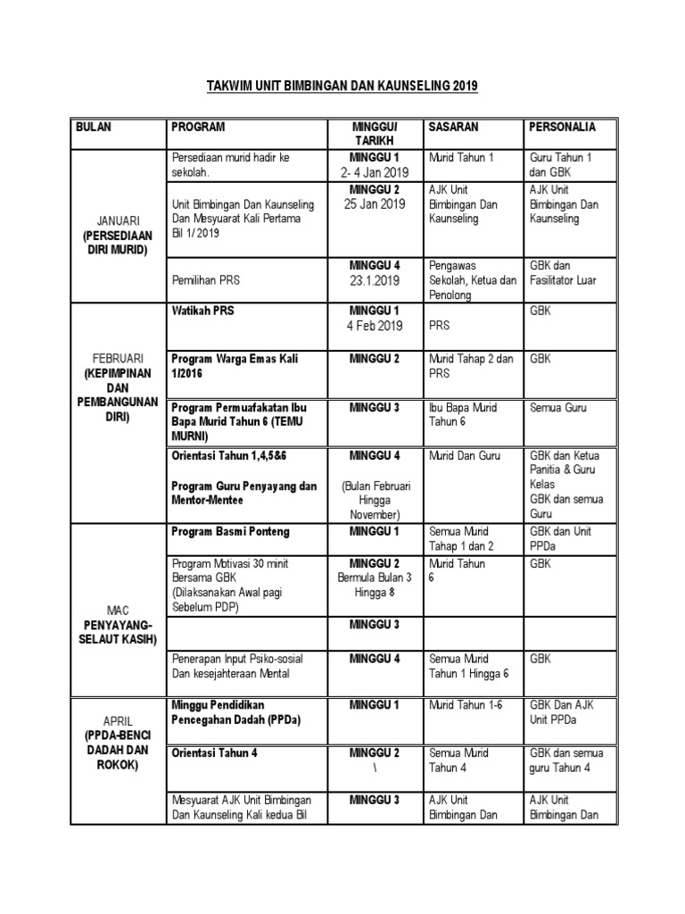Takwim Unit Bimbingan Dan Kaunseling 2019 Siap | PDF