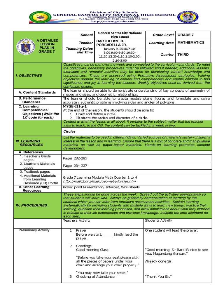 School Grade Level GRADE 7 Teacher Learning Area MATHEMATICS Teaching ...
