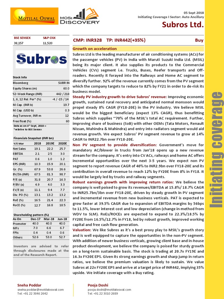 MOSL Subros 201809 Initiating Coverage | PDF | Price–Earnings Ratio | Air Conditioning