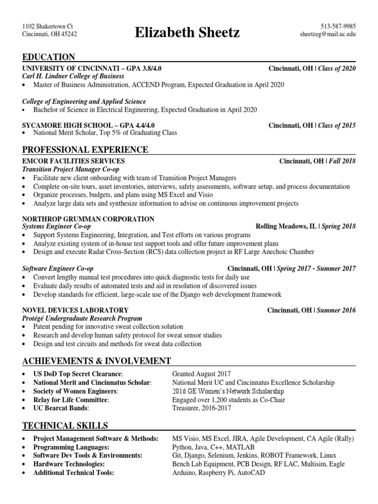 Cincinnati Engineering Graduate Resume | PDF | Engineering | Laboratories