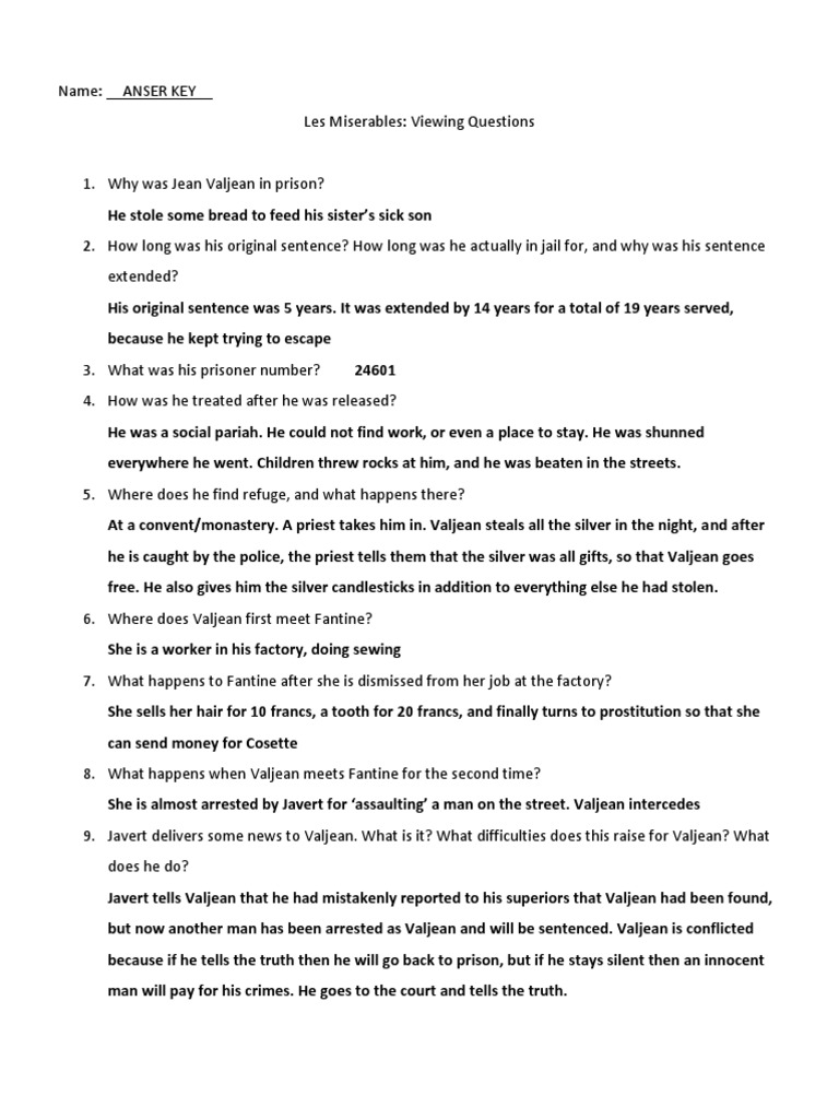 Les Miserables Viewing Questions - Answer Key | PDF | Cosette | Marius ...