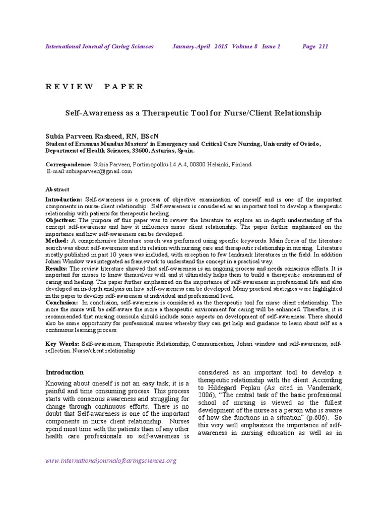 Self-Awareness as a Therapeutic Tool for Nurse/Client Relationship ...