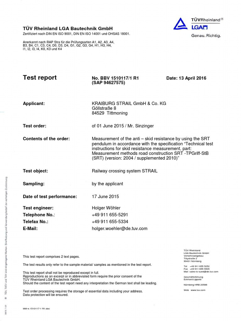 Test Report: Tüv Rheinland Lga Bautechnik GMBH | PDF