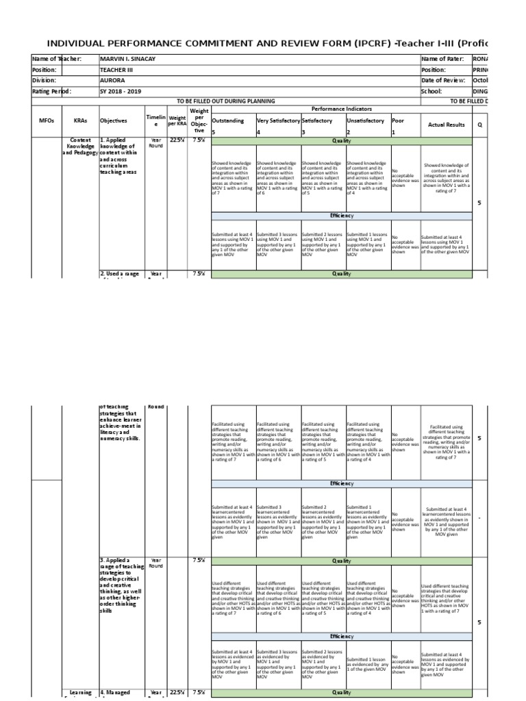 RPMS IPCRF v1.0 2018 | PDF | Teachers | Educational Technology